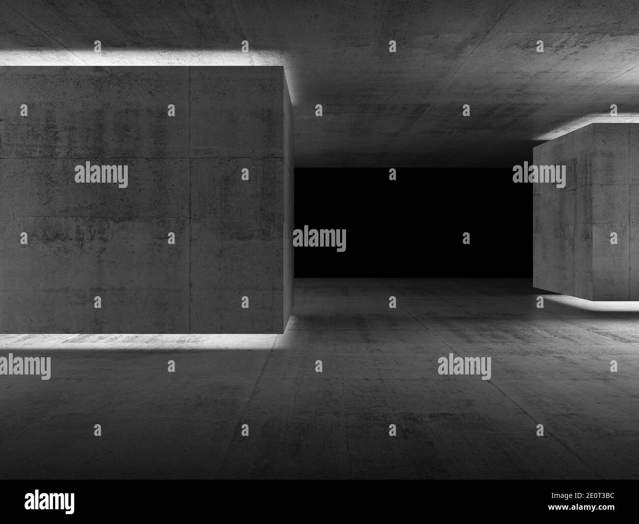 Abstract dark concrete interior background, open space room with neon ...