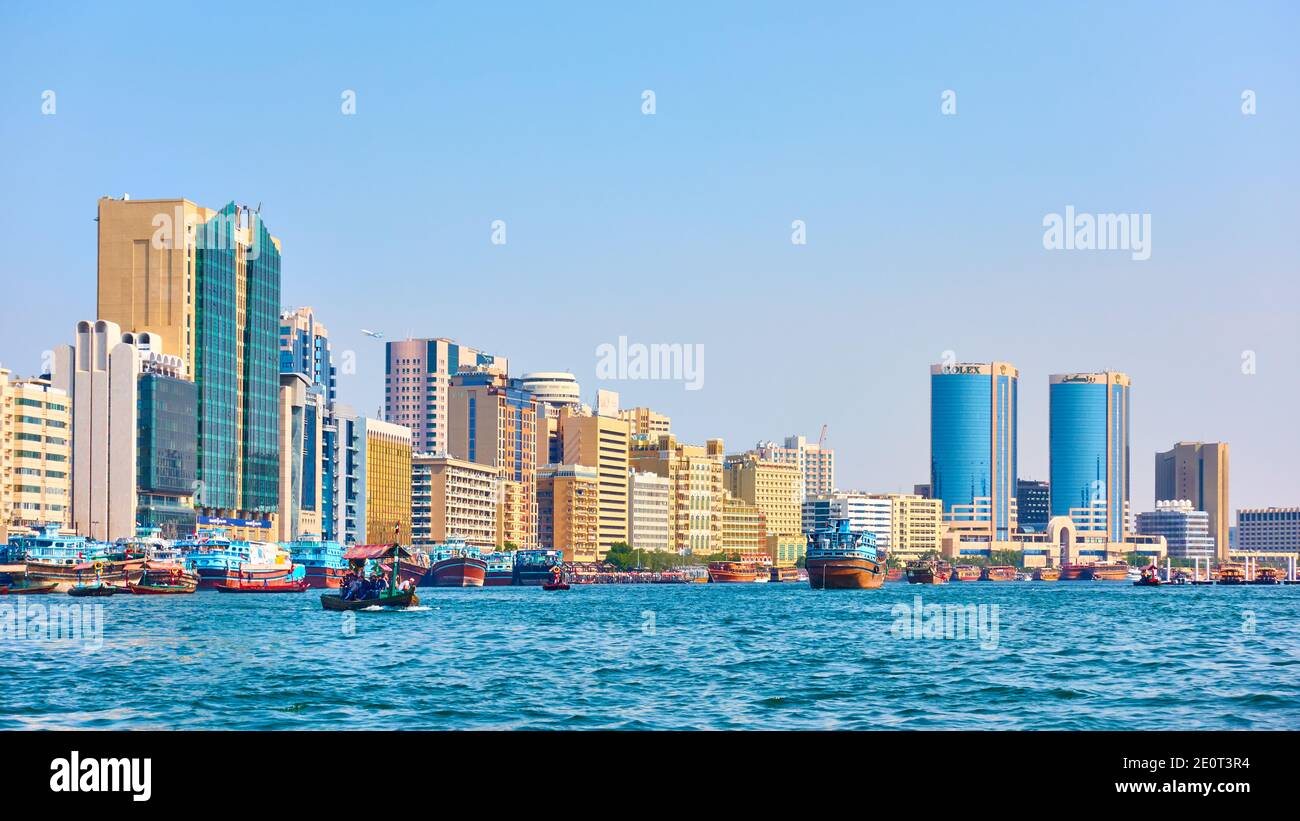 Dubai, UAE - January 31, 2020: Panoramic view The Dubai Creek and ...