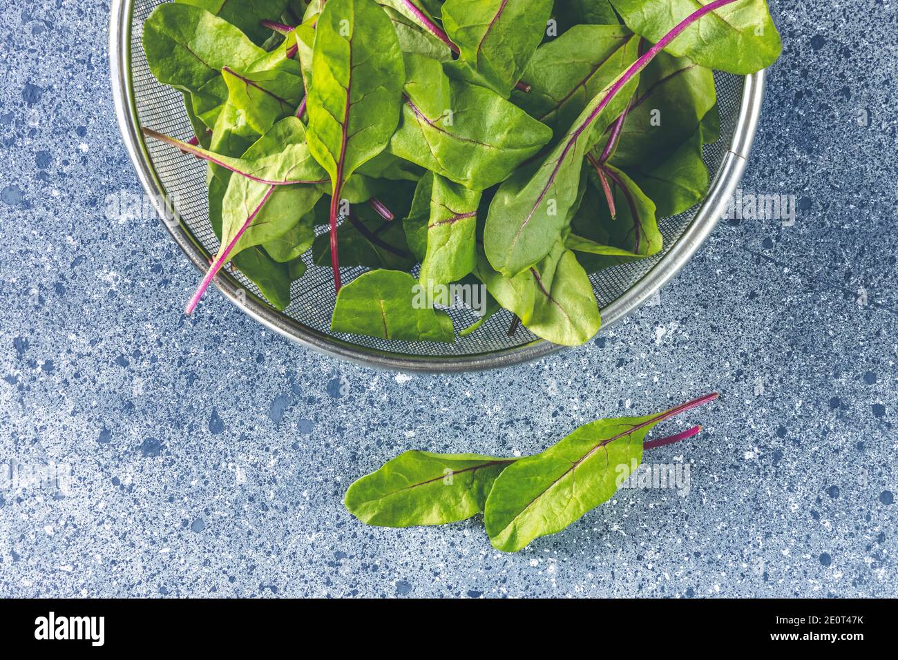 Fresh mangold leaves, swiss chard or leaf beet in metal sieve on light ...