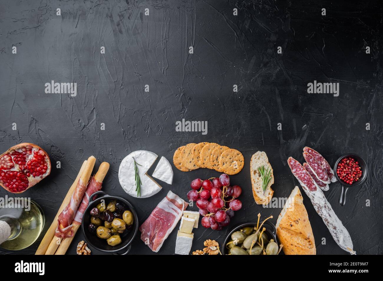Ingredients for spanish food, meat cheede, herbs set, on black ...