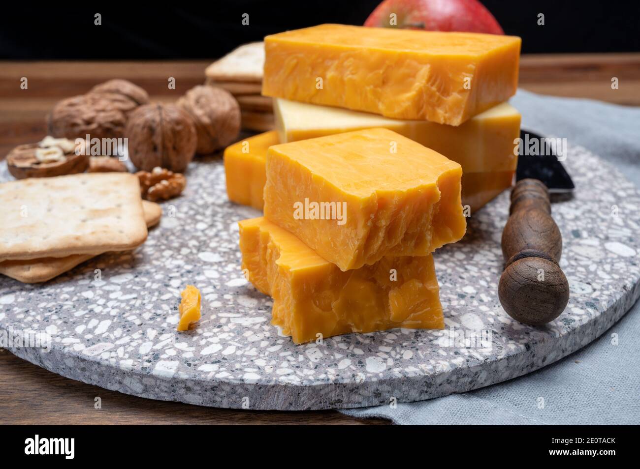 Cheese collection, orange and yellow smoked British cheese from England ...