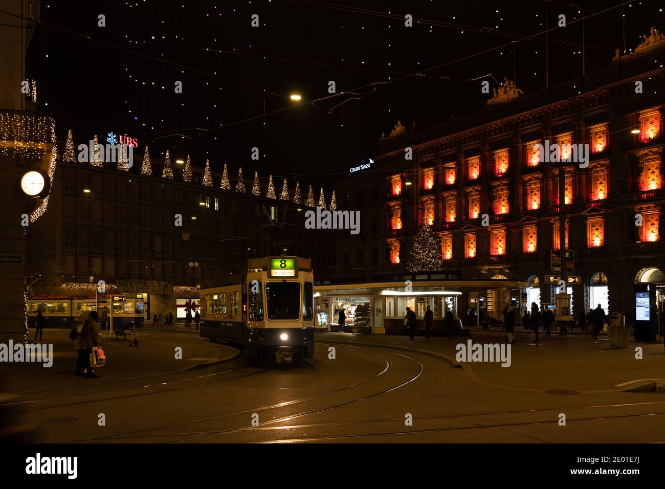 Paradeplatz at christmastime at night. Illuminated windows of ...