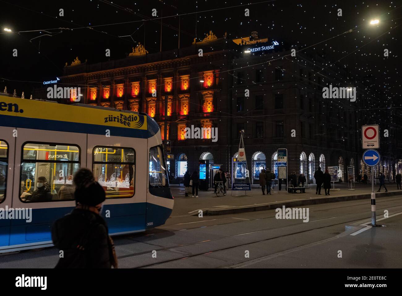 Paradeplatz at christmastime at night. Illuminated windows of ...