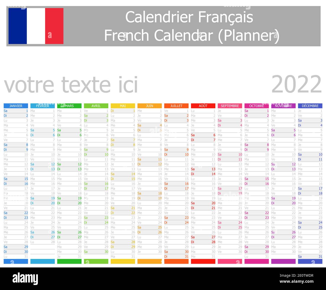 2022 French Planner Calendar with Vertical Months on white background ...
