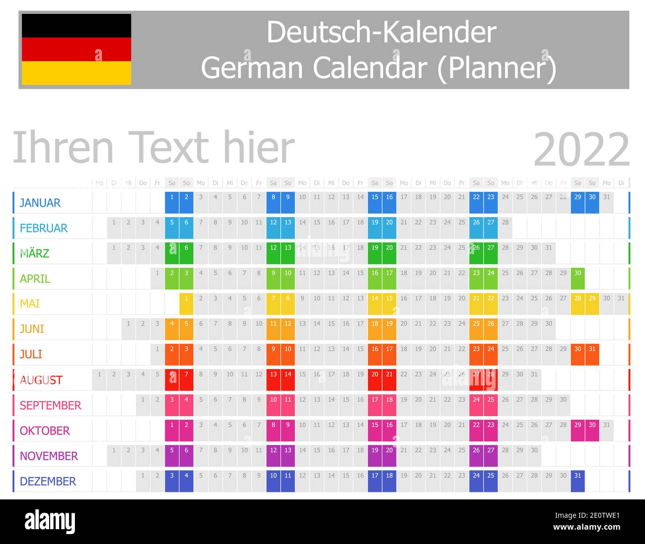 2022 German Planner Calendar with Horizontal Months on white background ...