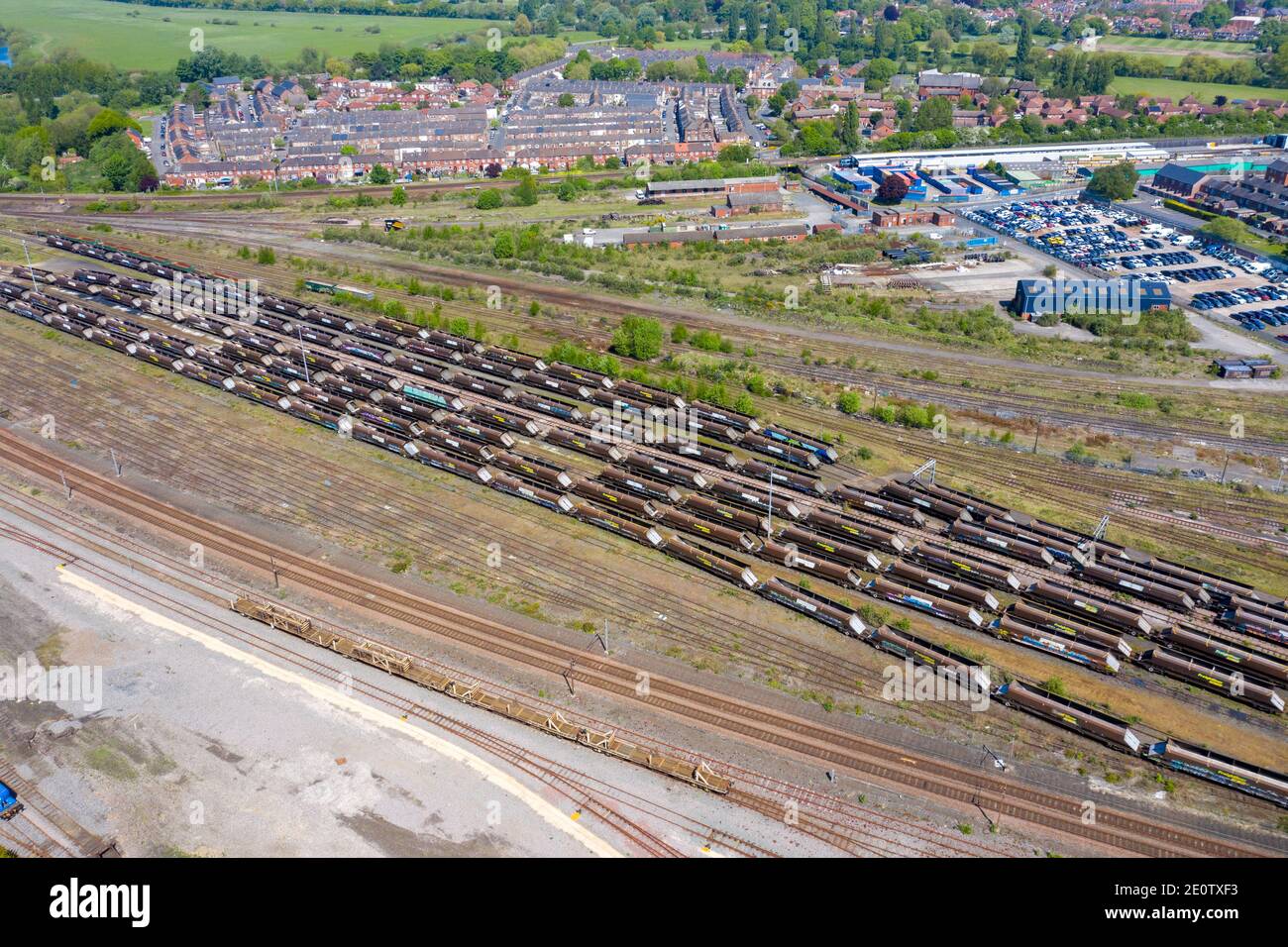 Aerial photo of a lot of hopper car / hopper wagon old rusty train ...