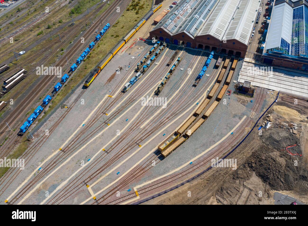 Aerial photo of a lot of hopper car / hopper wagon old rusty train ...