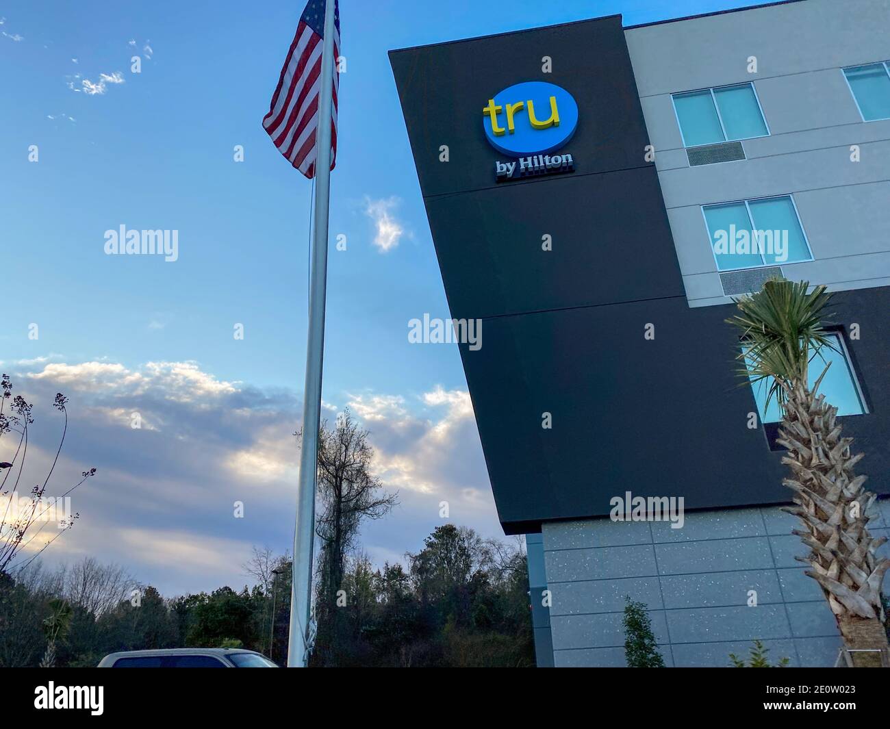 Mobile, AL USA - The exterior of a Tru hotel by Hilton located in ...