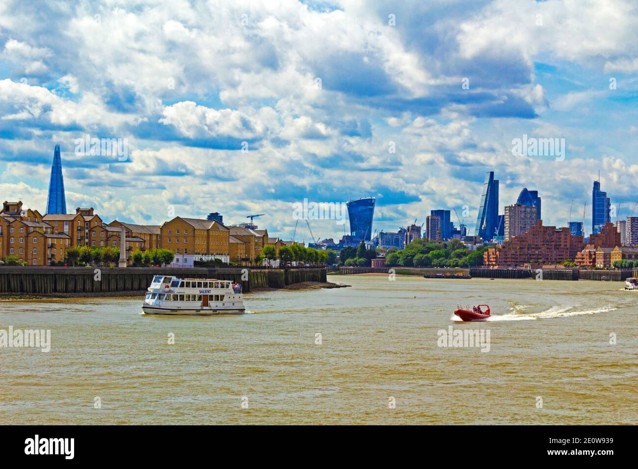 River bus floating Thames River,picturesque London skyline background ...