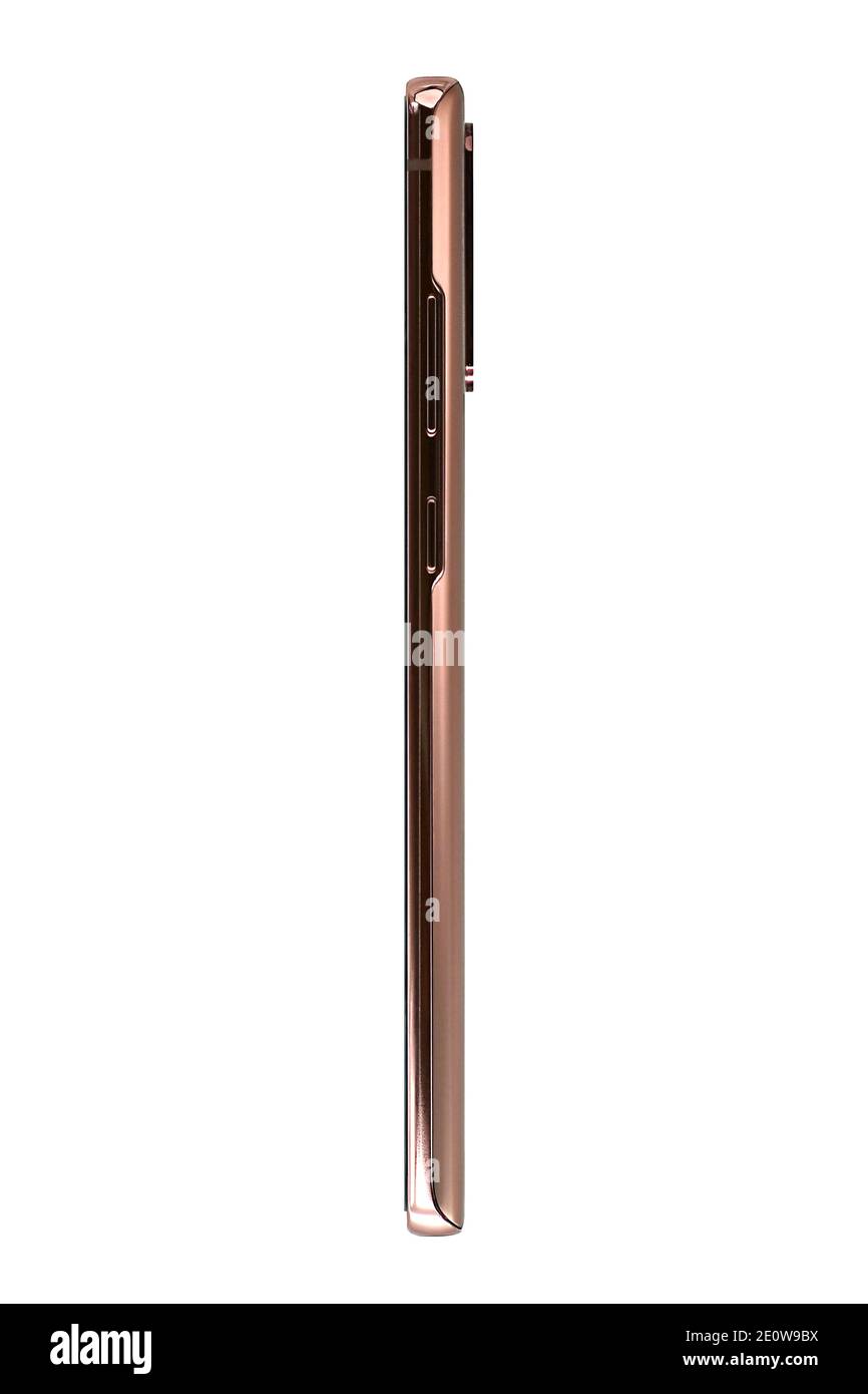 Samsung Galaxy Note 20 smartphone, bronze. Rear side view. The right ...