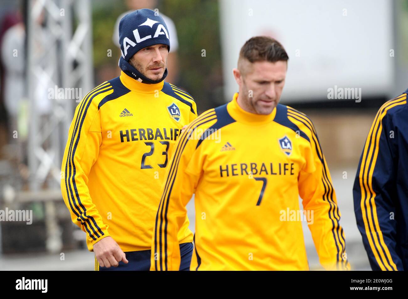 David Beckham and Robbie Keane arriving at the LA Galaxy training ...