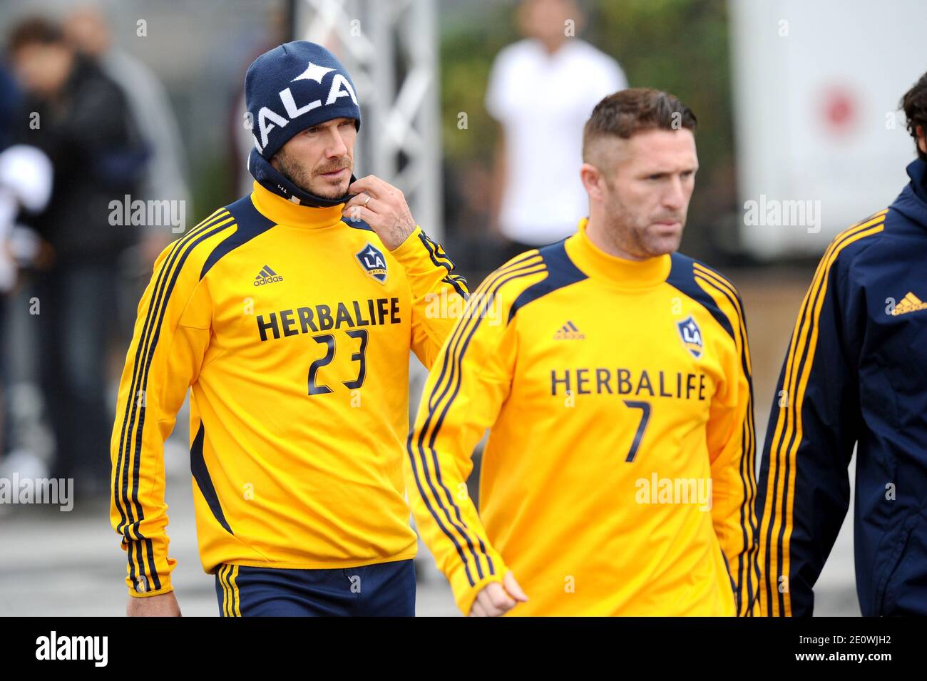 David Beckham and Robbie Keane arriving at the LA Galaxy training ...