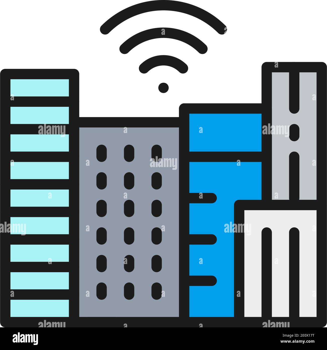 Smart town with Wi-Fi zone, technology city flat color line icon Stock ...