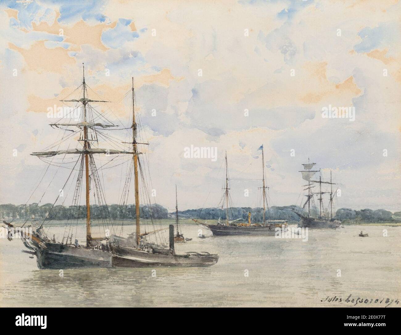 Boats at Harbor by Jules Lessore, 1874, watercolor Stock Photo - Alamy