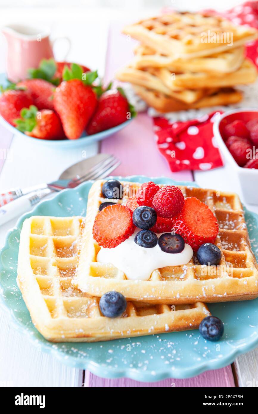 Homemade Waffles With Fresh Fruit Stock Photo - Alamy