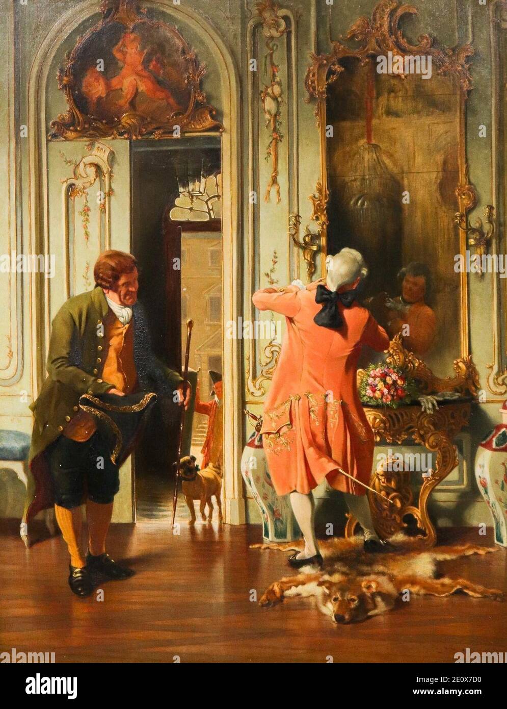 Figures in upper-class period attire in lavish interior preparing for a ...