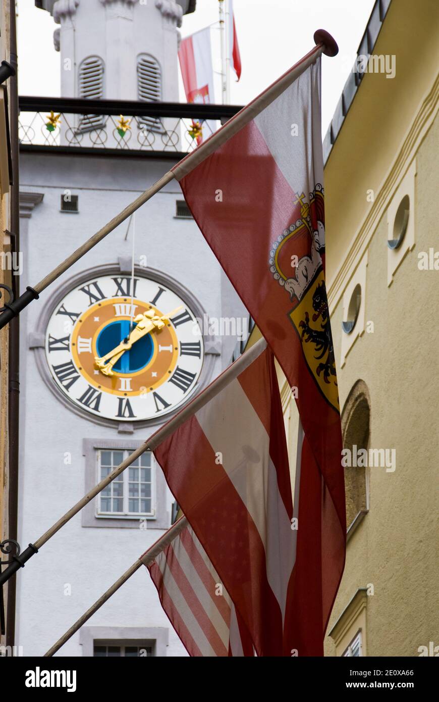 Austrian flags decorate buildings in the Altstadt of Salzburg, Austria ...