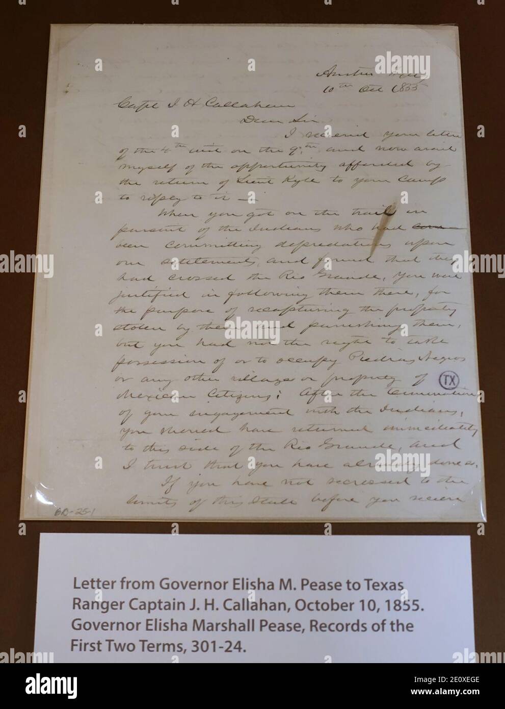 Letter from Gov. Elisha M. Pease to Ranger Captain J. H. Callahan ...