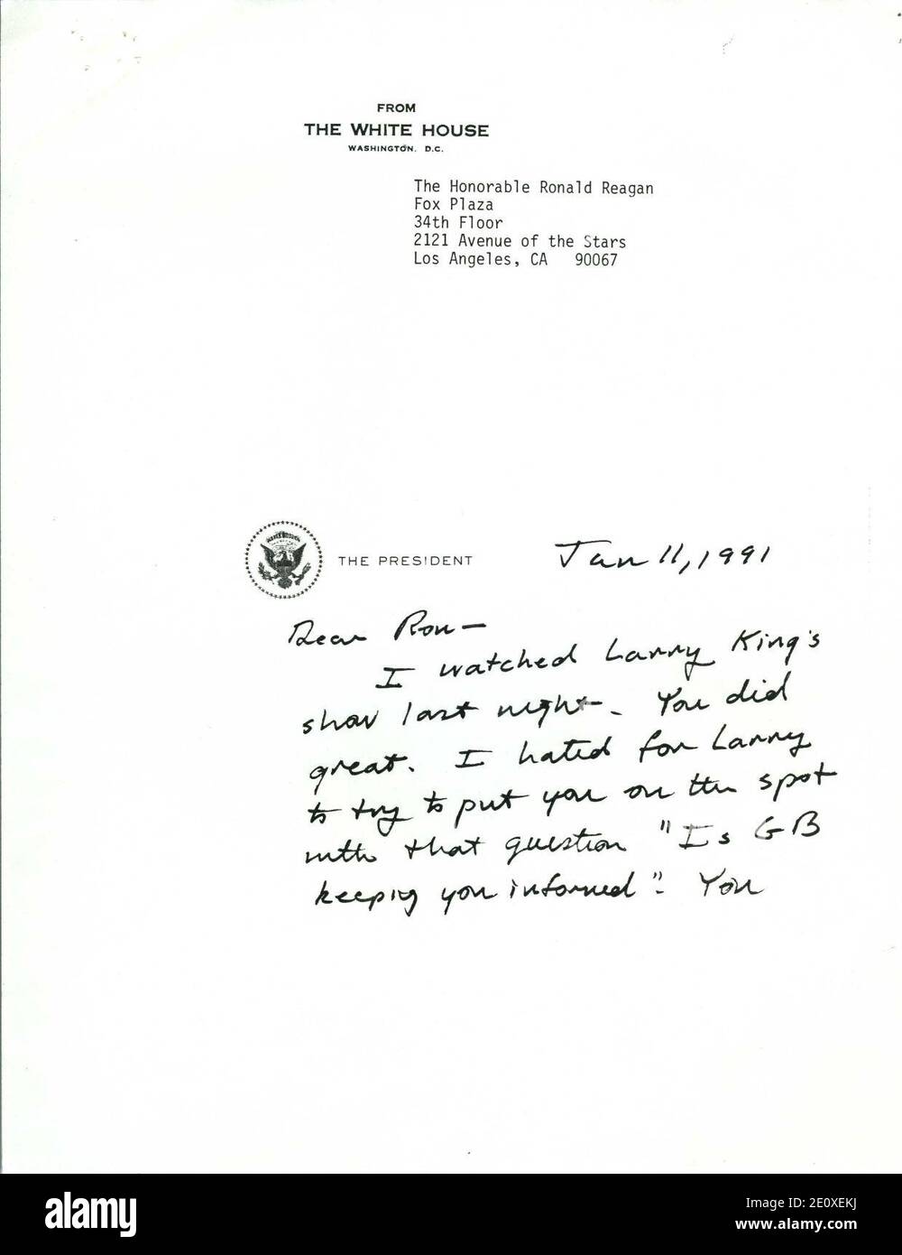 Letter from President George H. W. Bush to Ronald Reagan Stock Photo ...