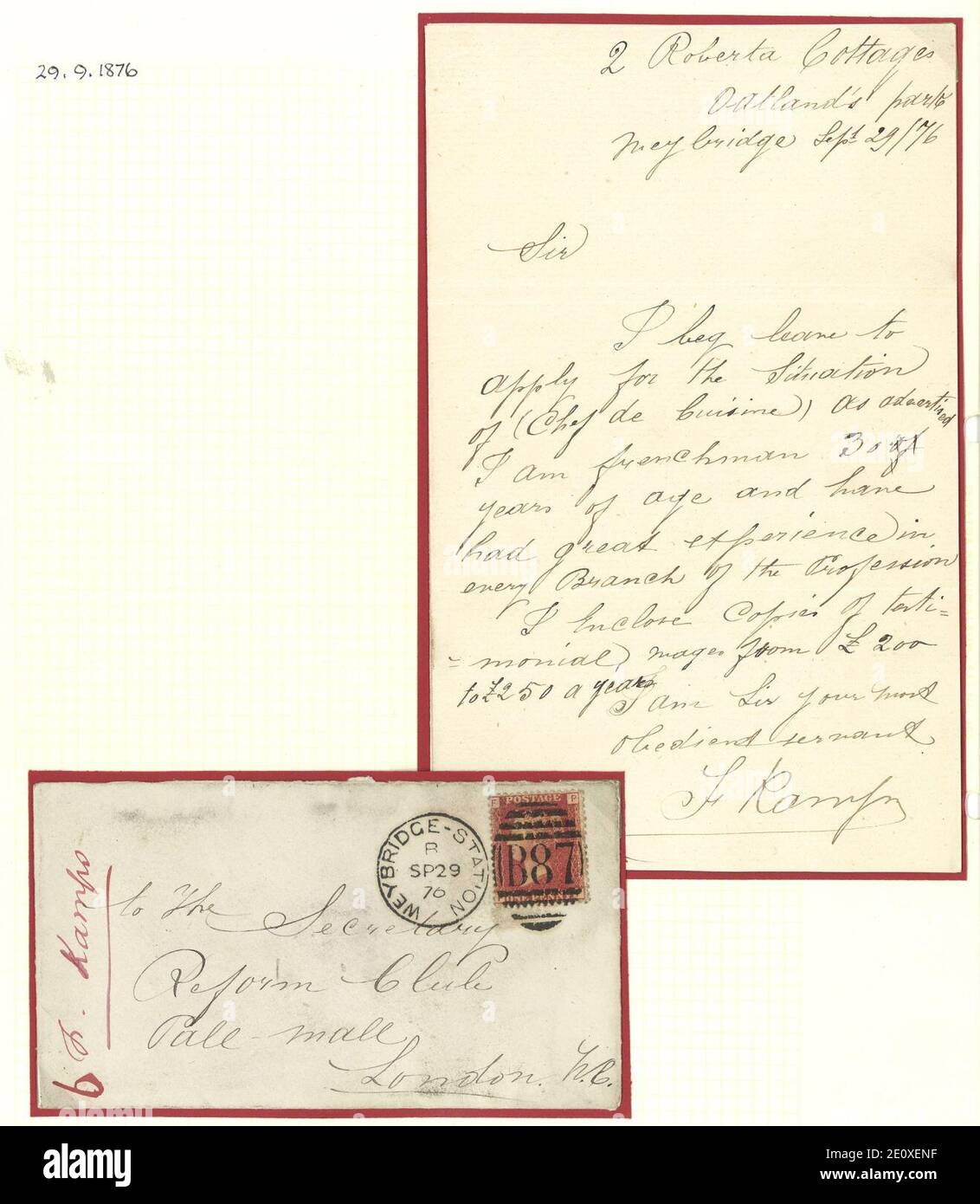 Letter from Weybridge to The Reform Club Pall Mall 29 Sept 1876 1d red ...