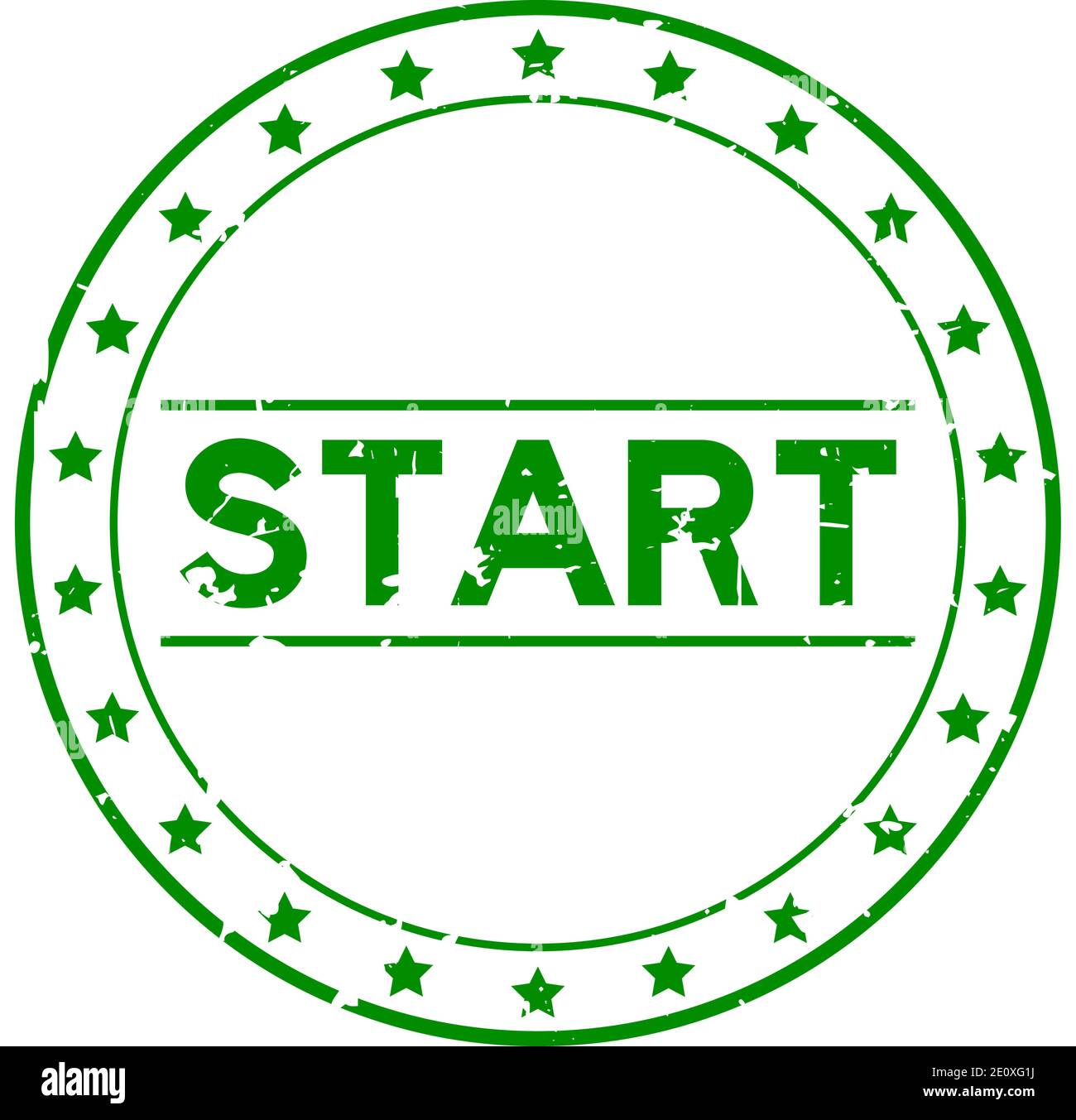 Grunge green start word with star icon round rubber seal stamp on white ...