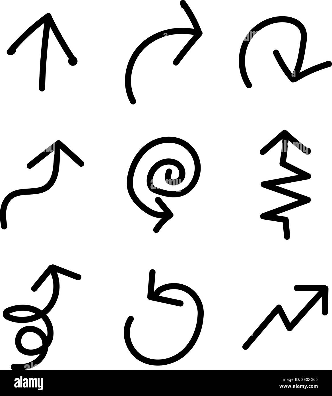Set of black handdrawing in multiple shape of arrow symbol on white ...