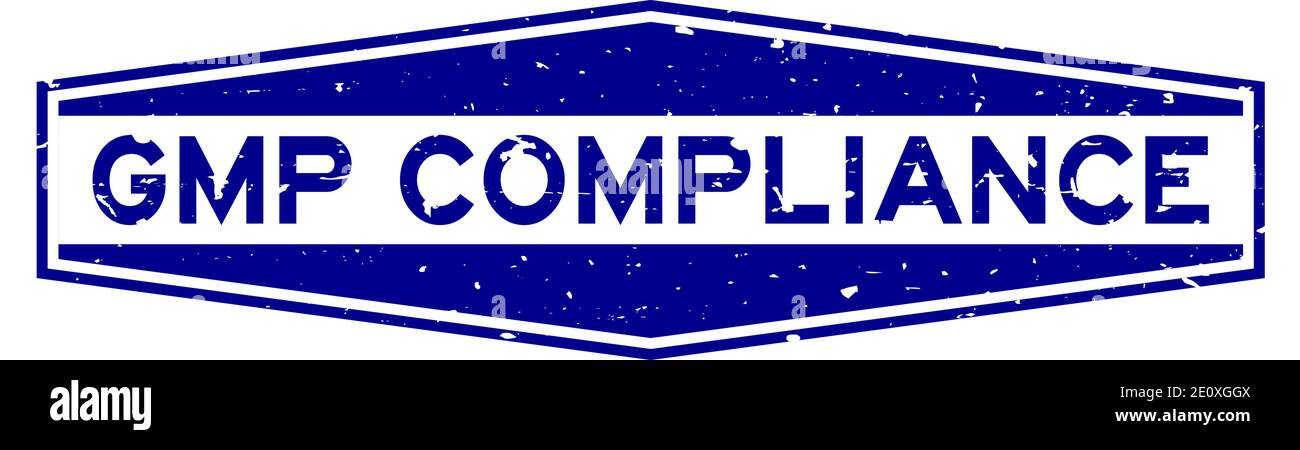 Grunge blue GMP (Abbreviation good manufacturing practice) compliance word hexagon rubber seal ...