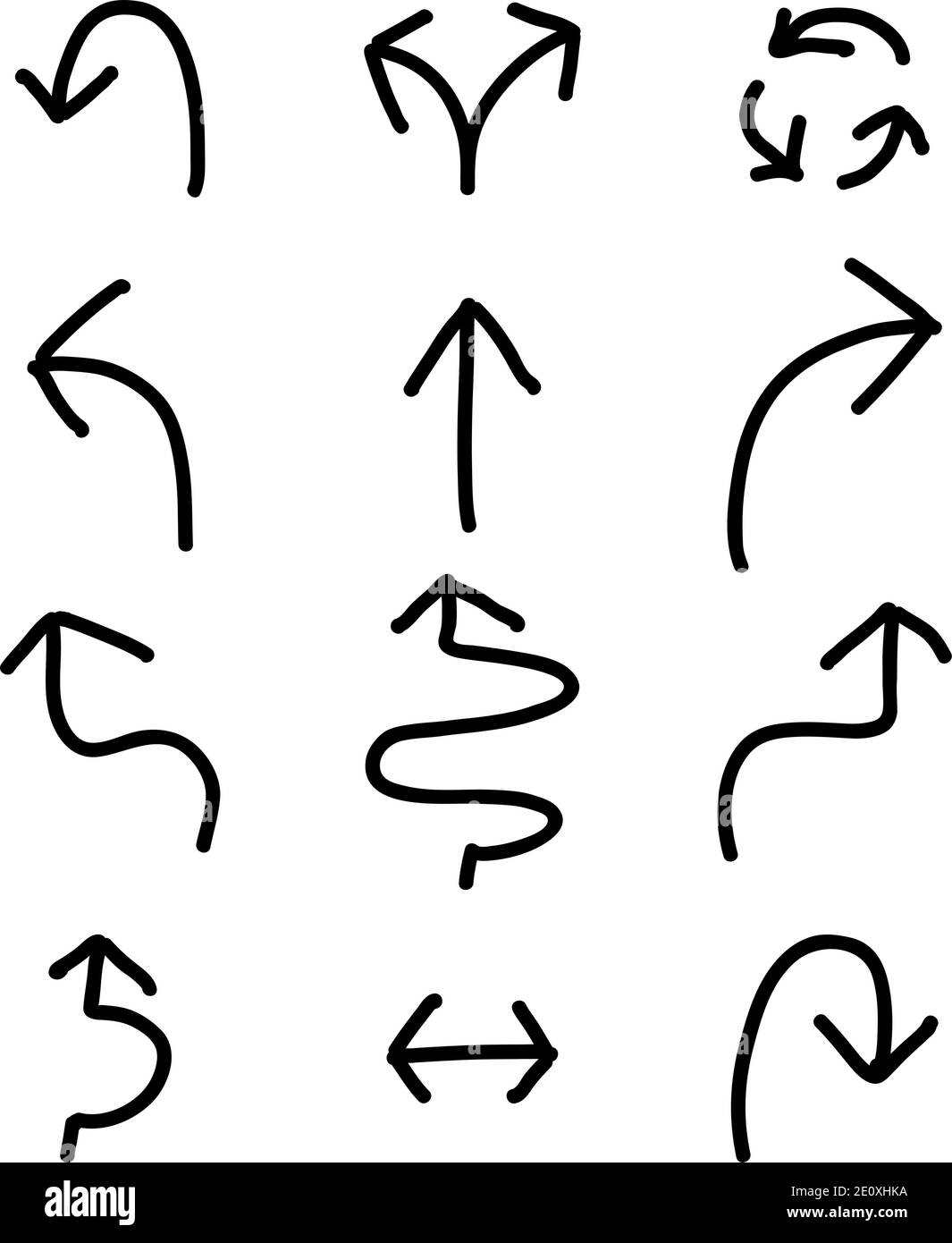 Set of black handdrawing in multiple shape of arrow symbol on white ...