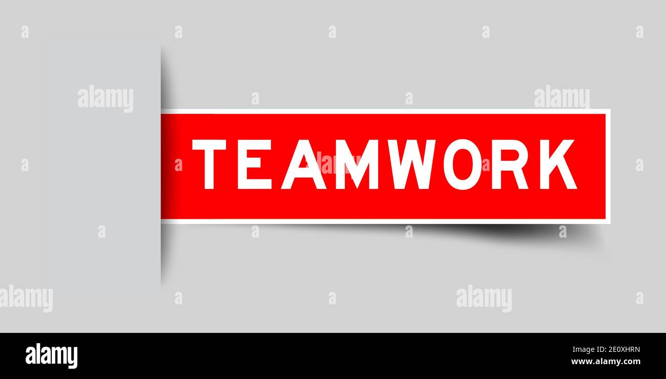 Inserted red color sticker label with word teamwork on gray background ...