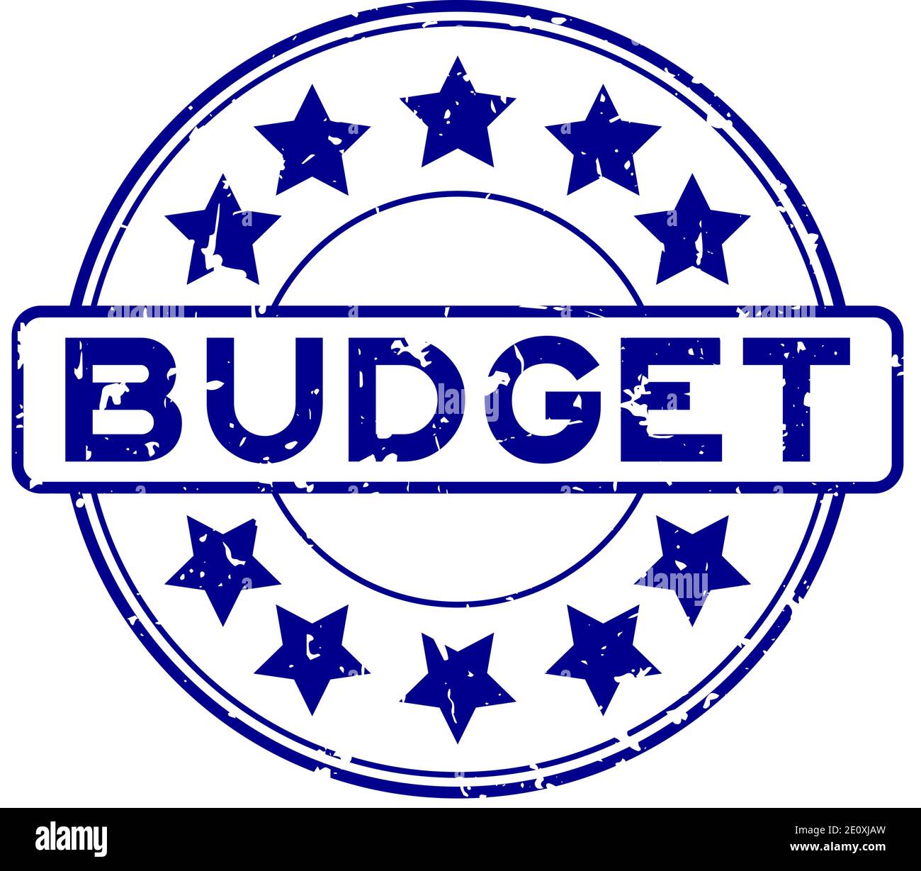 Grunge blue budget word with star icon round rubber seal stamp on white ...