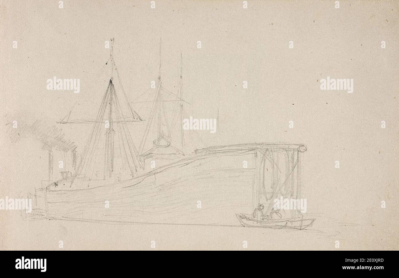 Levitan Barge with masts and a tugboat sketch Stock Photo - Alamy