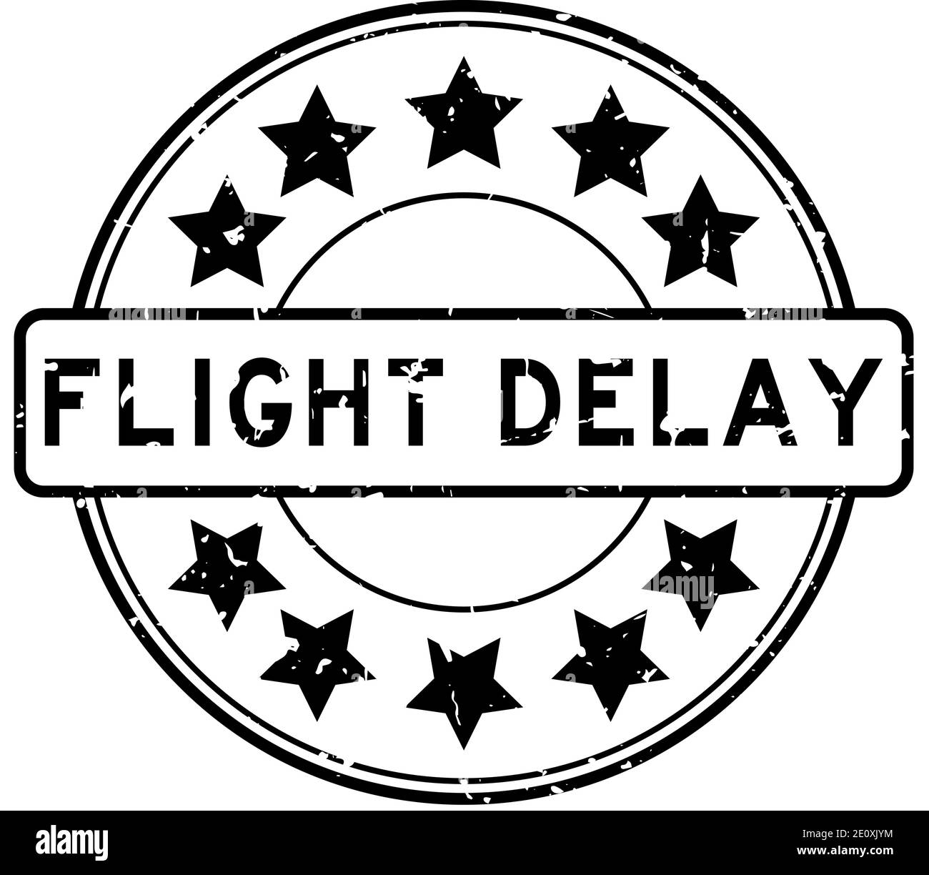 Grunge black flight delay word with star icon round rubber seal stamp ...