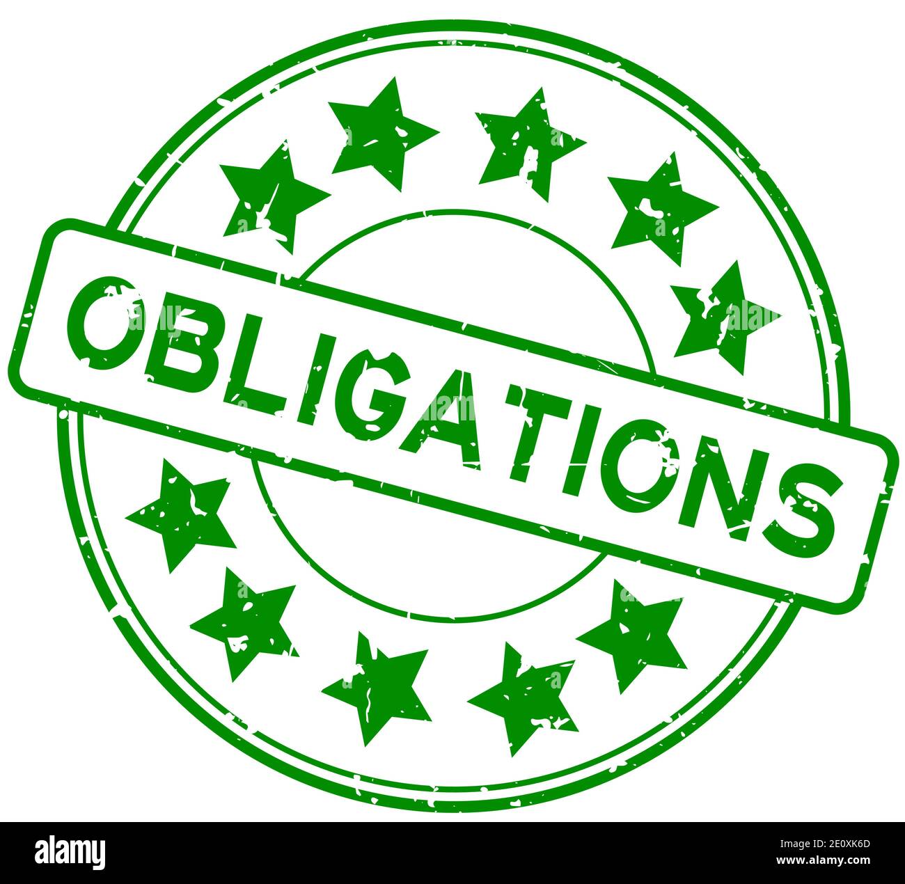 Grunge green obligations word with star icon round rubber seal stamp on ...