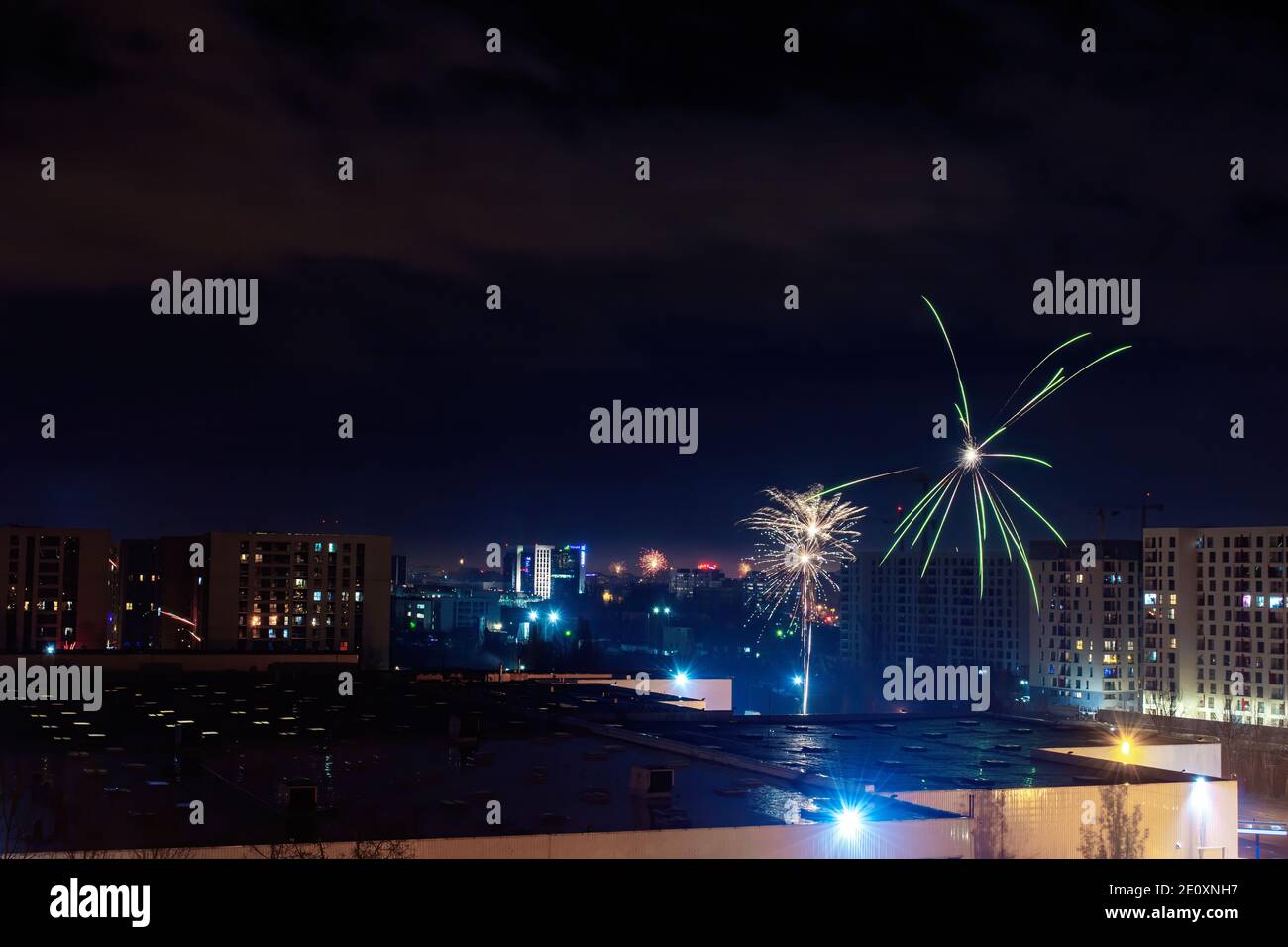 01 January 2021- Bucharest, Romania. The fireworks seen from the window ...