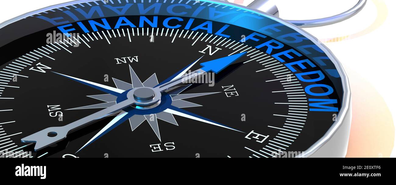 Compass needle pointing to word financial freedom, 3d rendering Stock ...