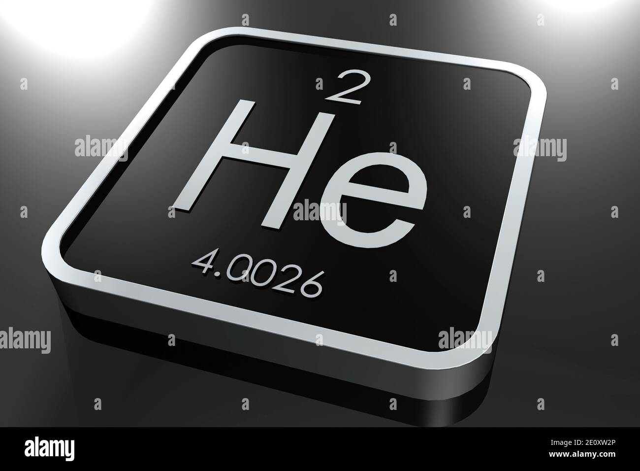 Helium element from periodic table on black square block, 3D rendering ...