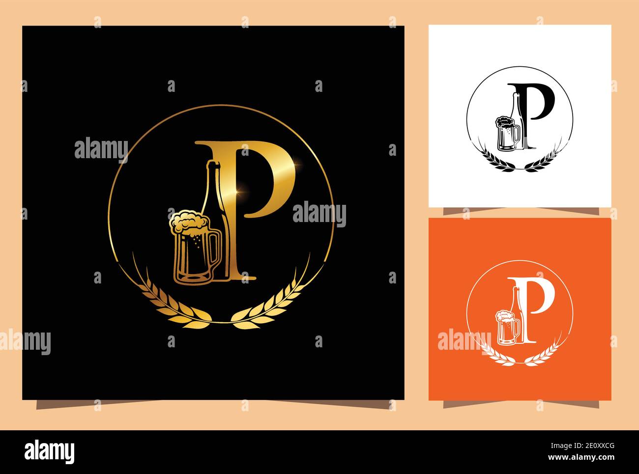 A Vector Illustration Sign of Gold Glass and Bottle BeerMonogram ...