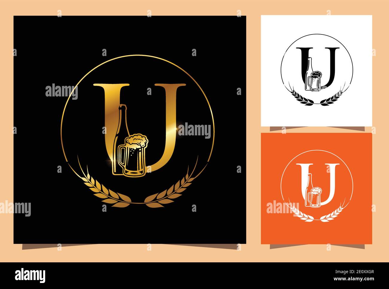 A vector Illustration of Gold Glass and Bottle Beer Monogram Sign ...