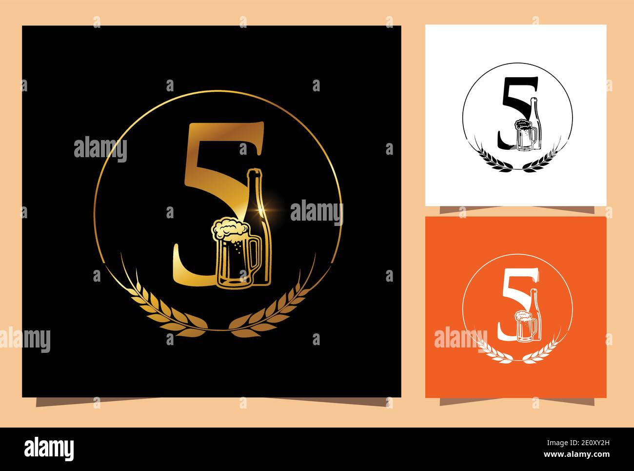 A Vector Illustration of Gold Glass and Bottle Beer Numeric 5 in balck ...