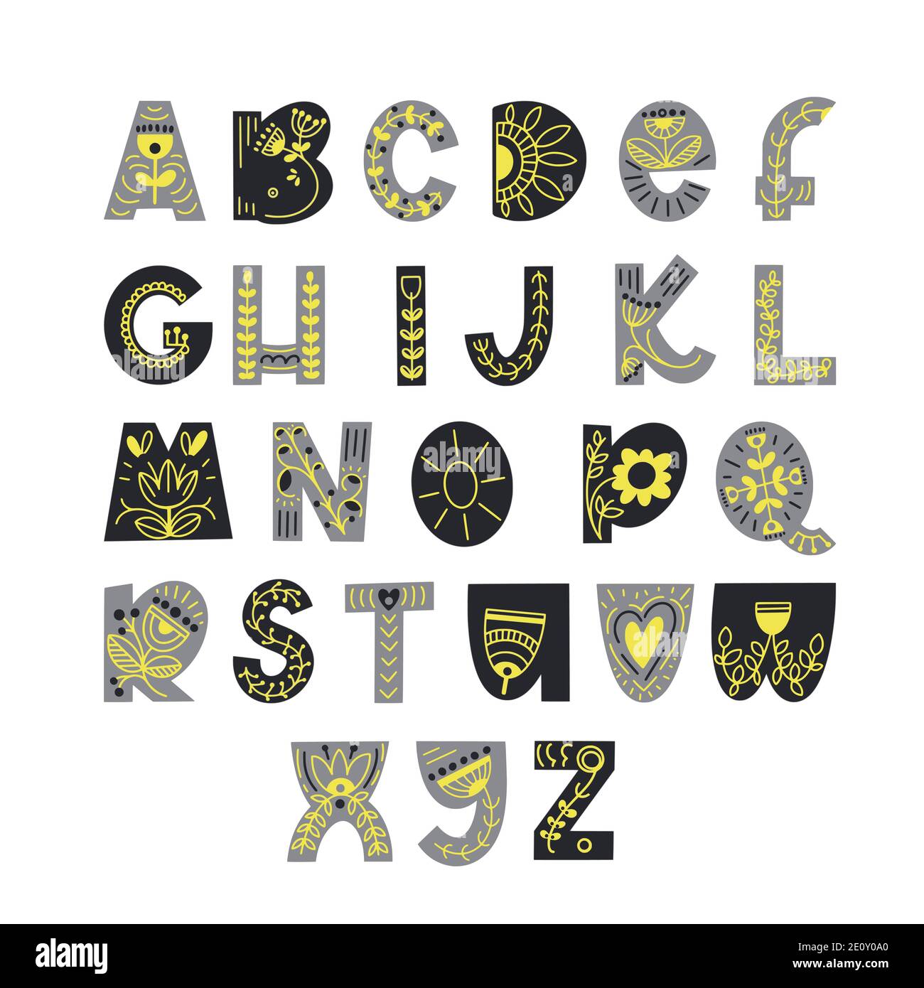 Hand drawn latin alphabet in scandinavian style. Folk art font with ...