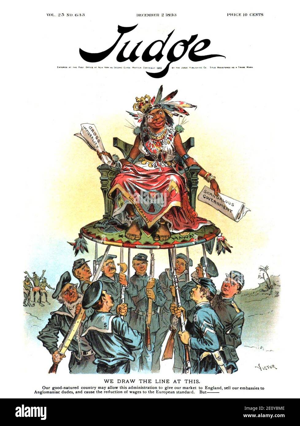 Liliuokalani on a platform being hold up by bayonets of American ...