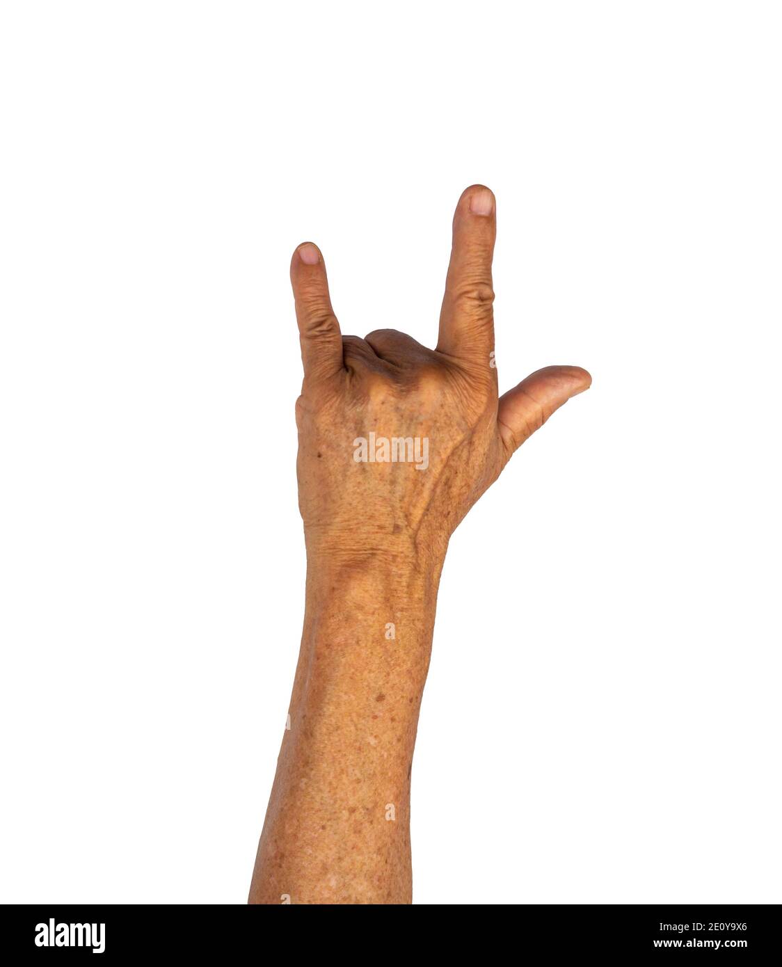 Rock sign senior hand gesture isolated on white background with ...