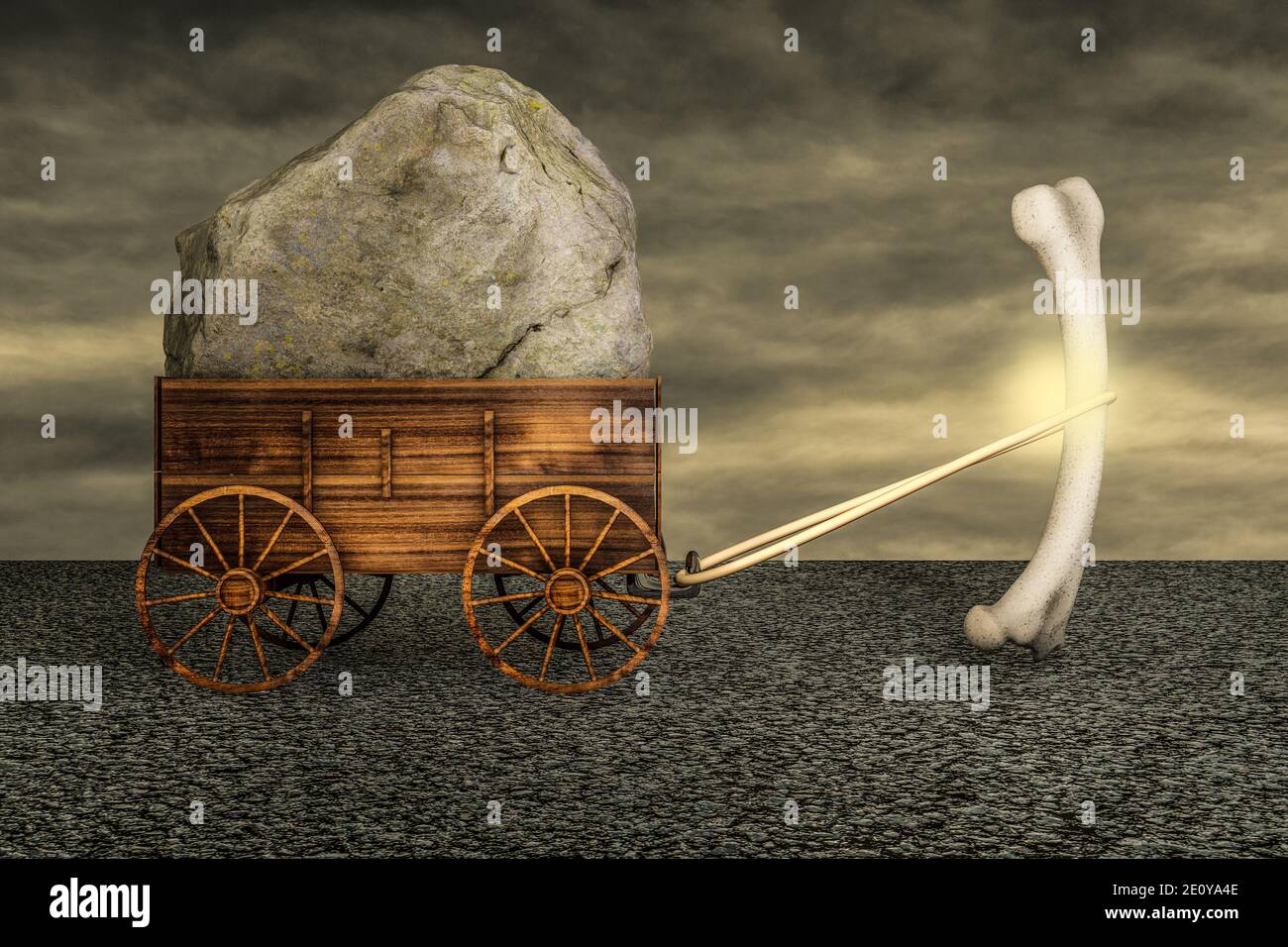 Human thigh bone dragging a farm cart of big heavy stone on asphalt in ...