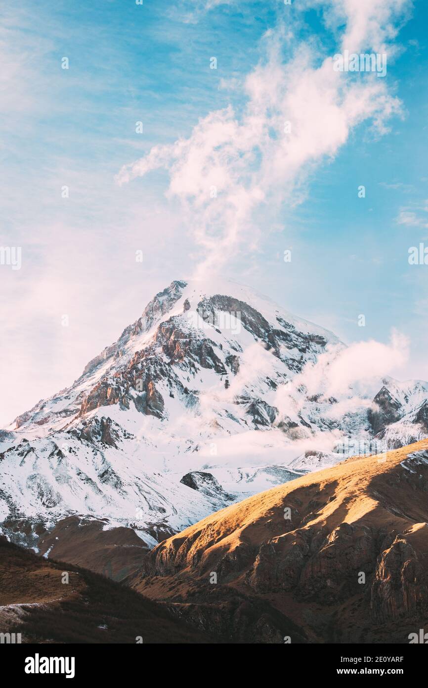 Georgia. Peak Of Mount Kazbek Covered With Snow. Kazbek Is A ...