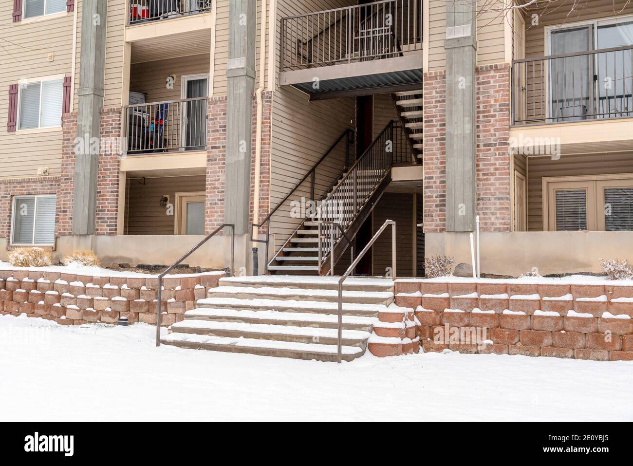Flight of stairs and balconies viewed at the facade of a residential ...