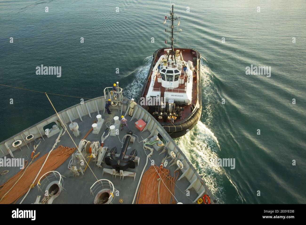 Line handlers aboard the roll-on-roll-off and container ship MV Cape ...