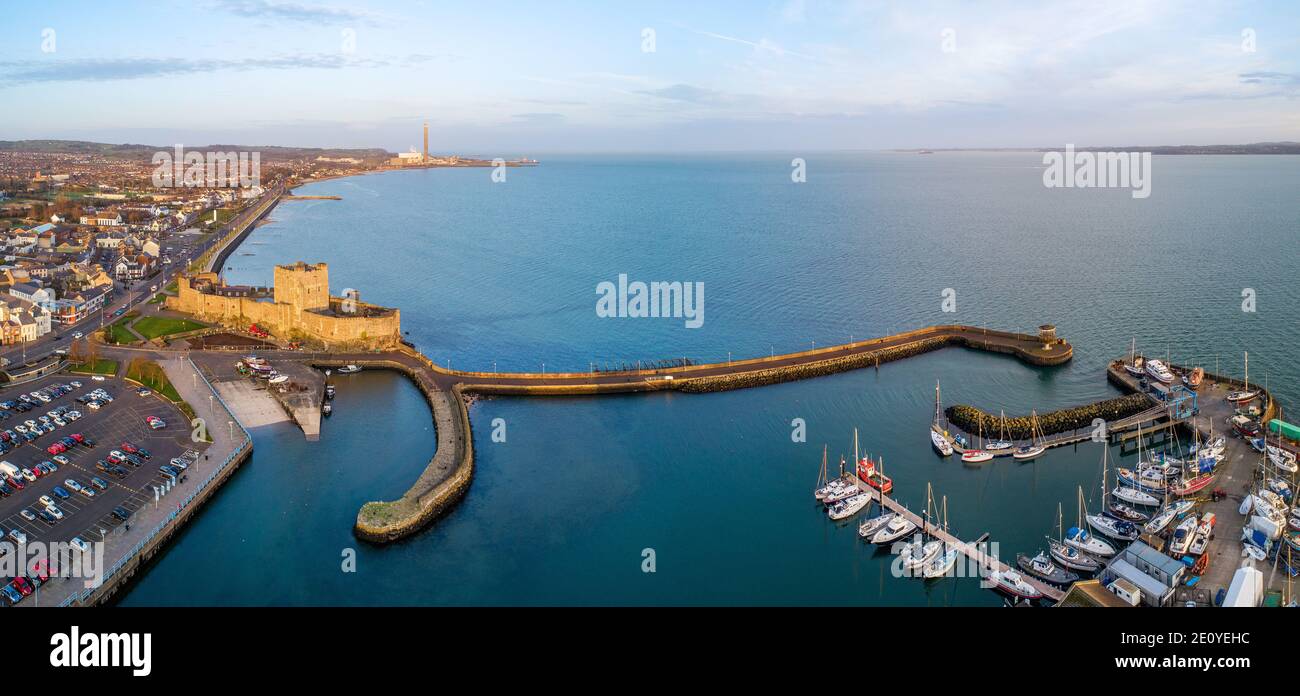 Carrickfergus near Belfast, Northern Ireland, UK. Wide aerial panorama ...