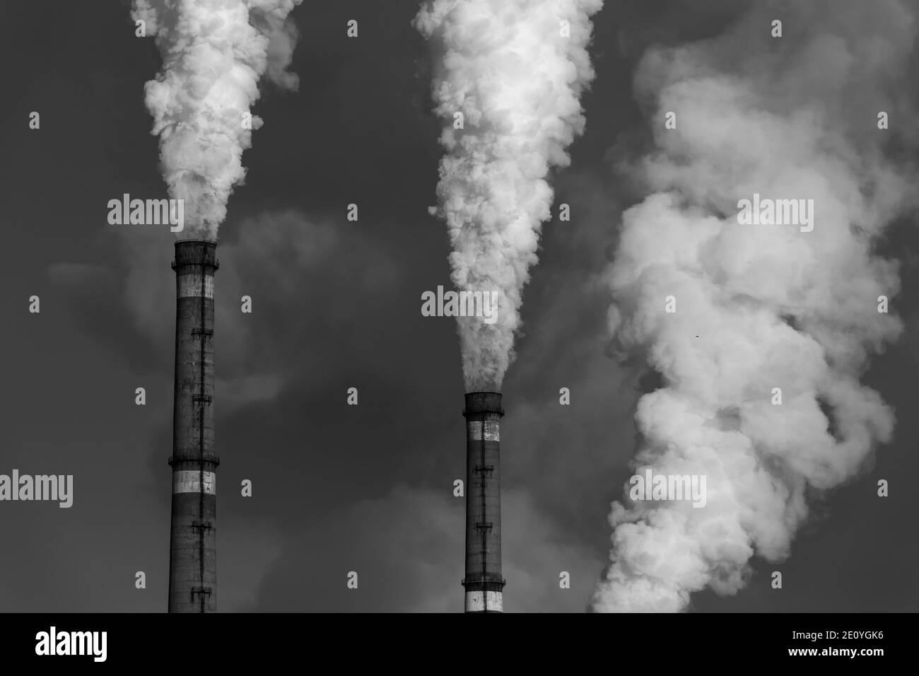 The thick smoke rises high from the industrial pipes. Pollution of the ...