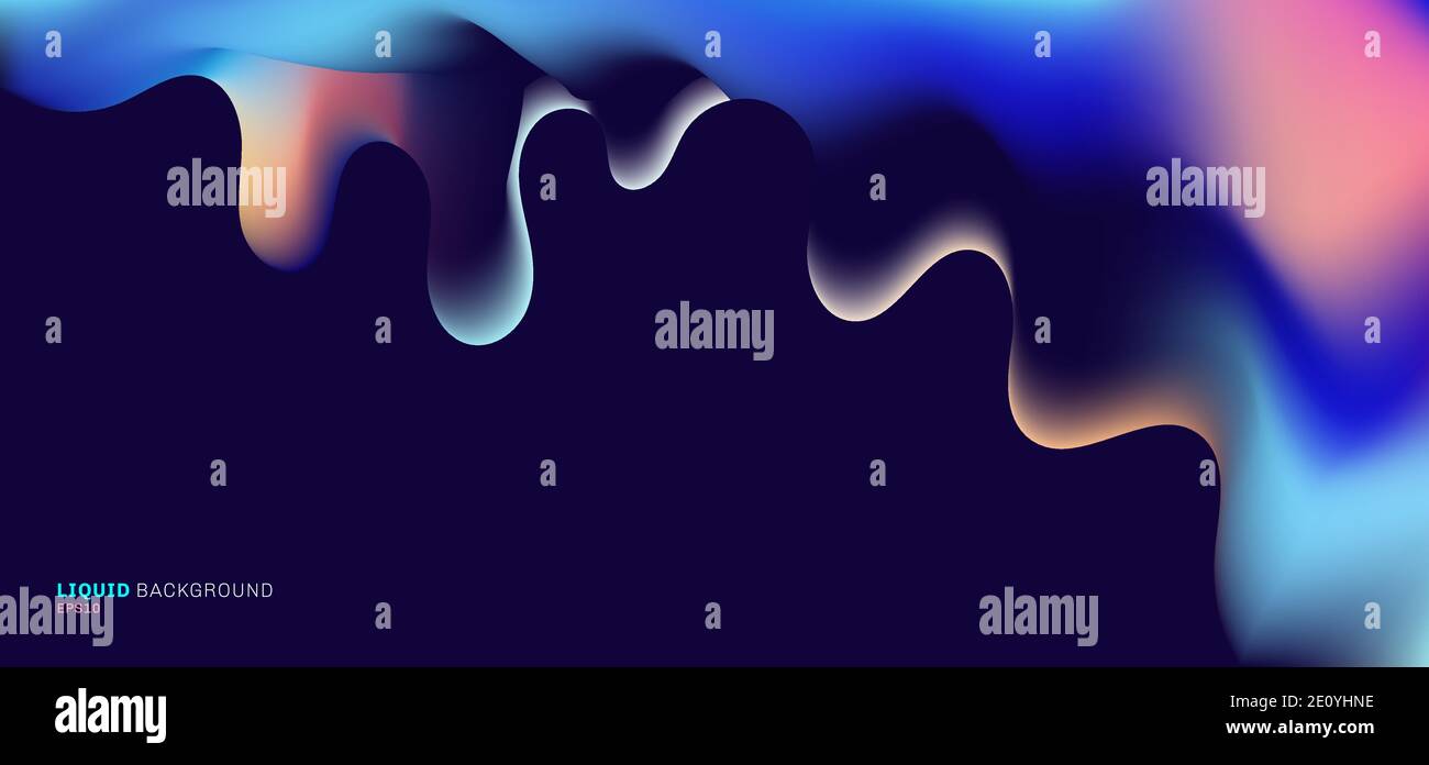 Abstract liquid or fluid gradient color shape flowing on dark blue ...