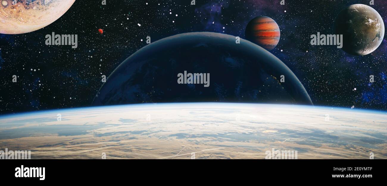 Chaotic space background. Planets, stars and galaxies in outer space ...